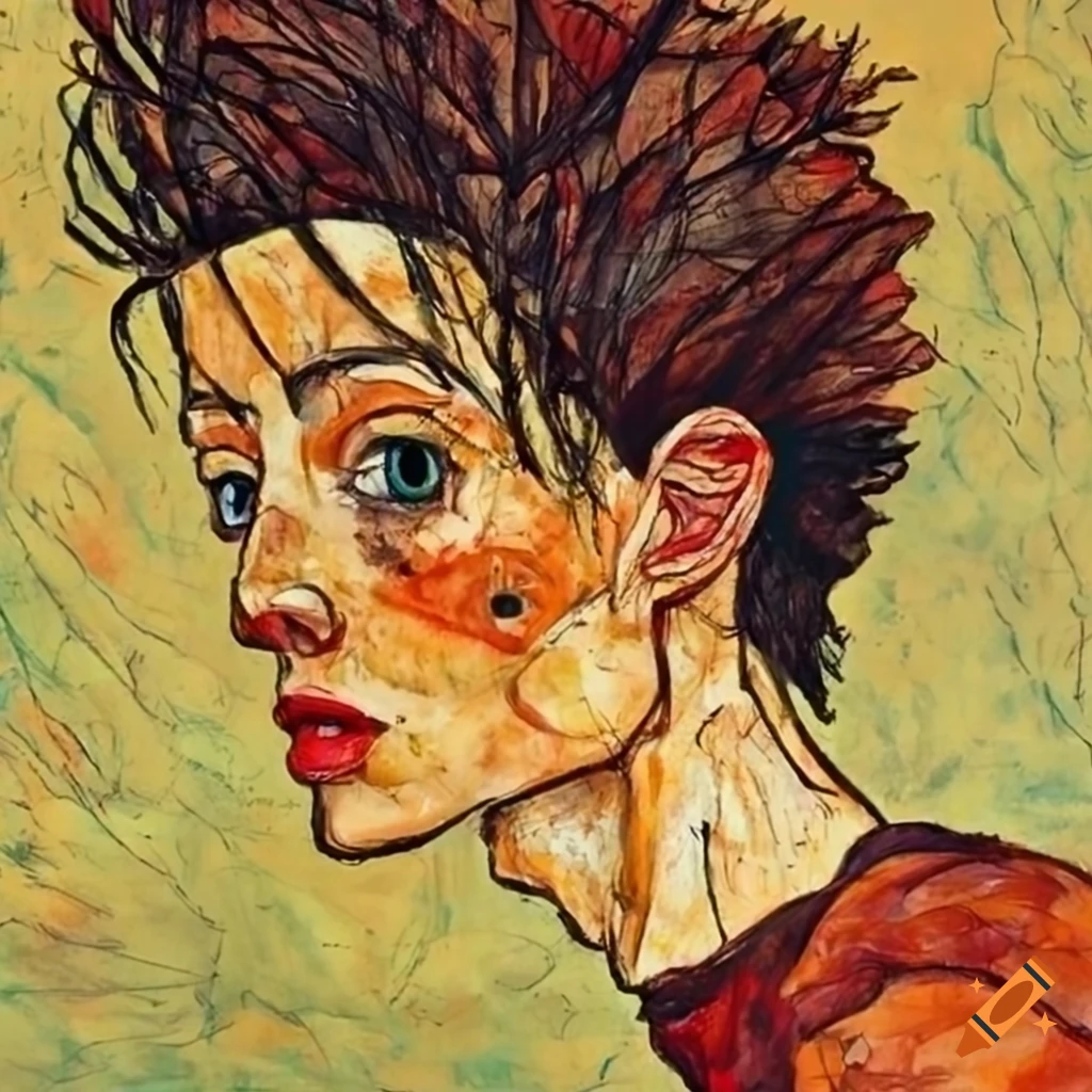 Forest painting in egon schiele style