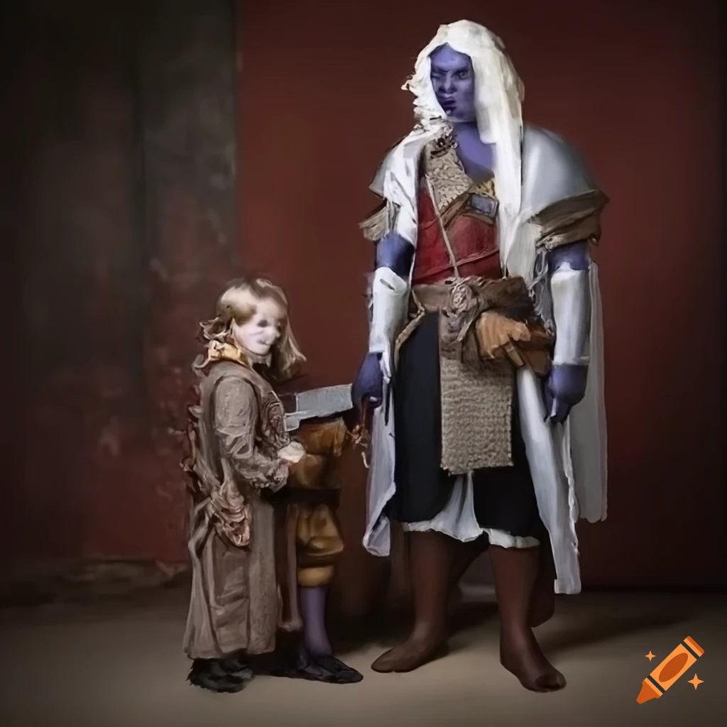 Art of an old drow and his young son in townguard outfits on Craiyon