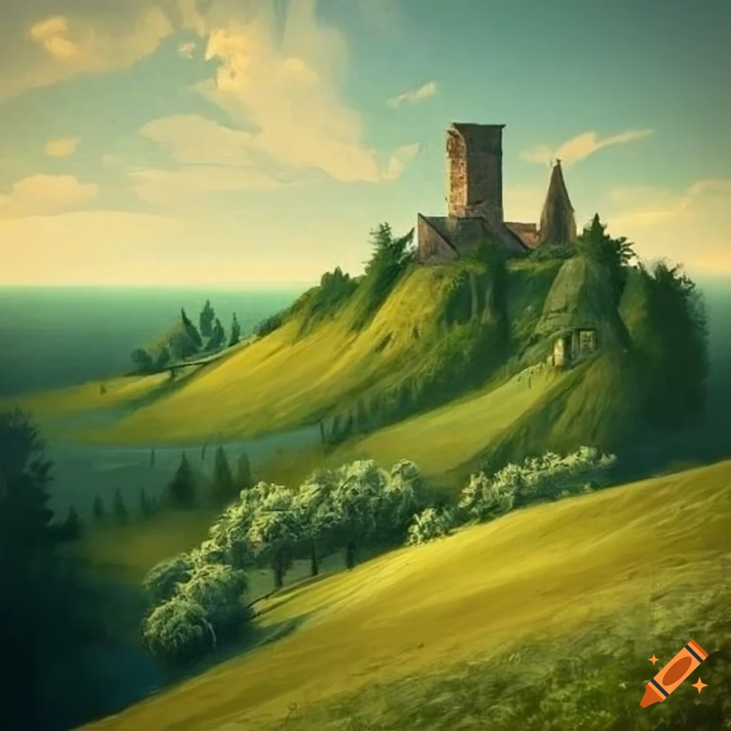 Medieval keep overlooking a meadow with a river on Craiyon