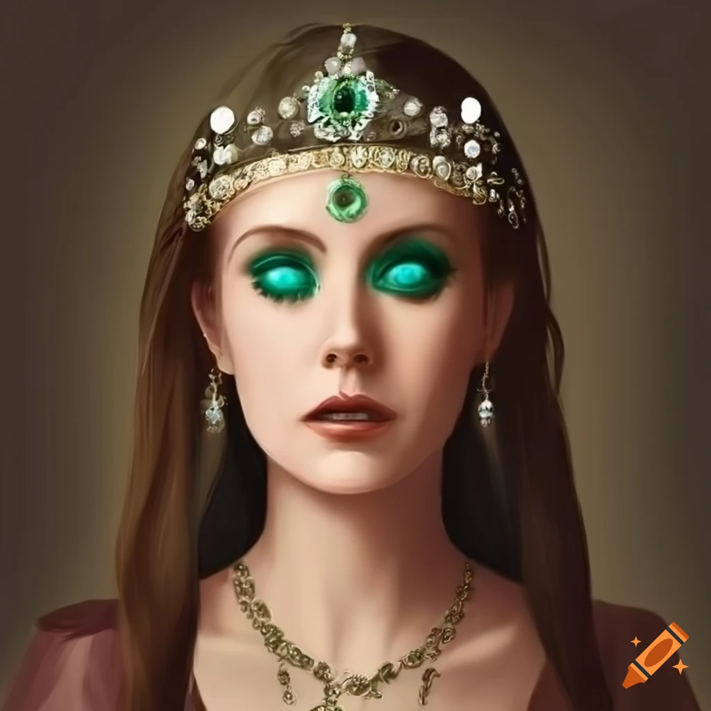 Portrait of a young medieval woman with beautiful green eyes