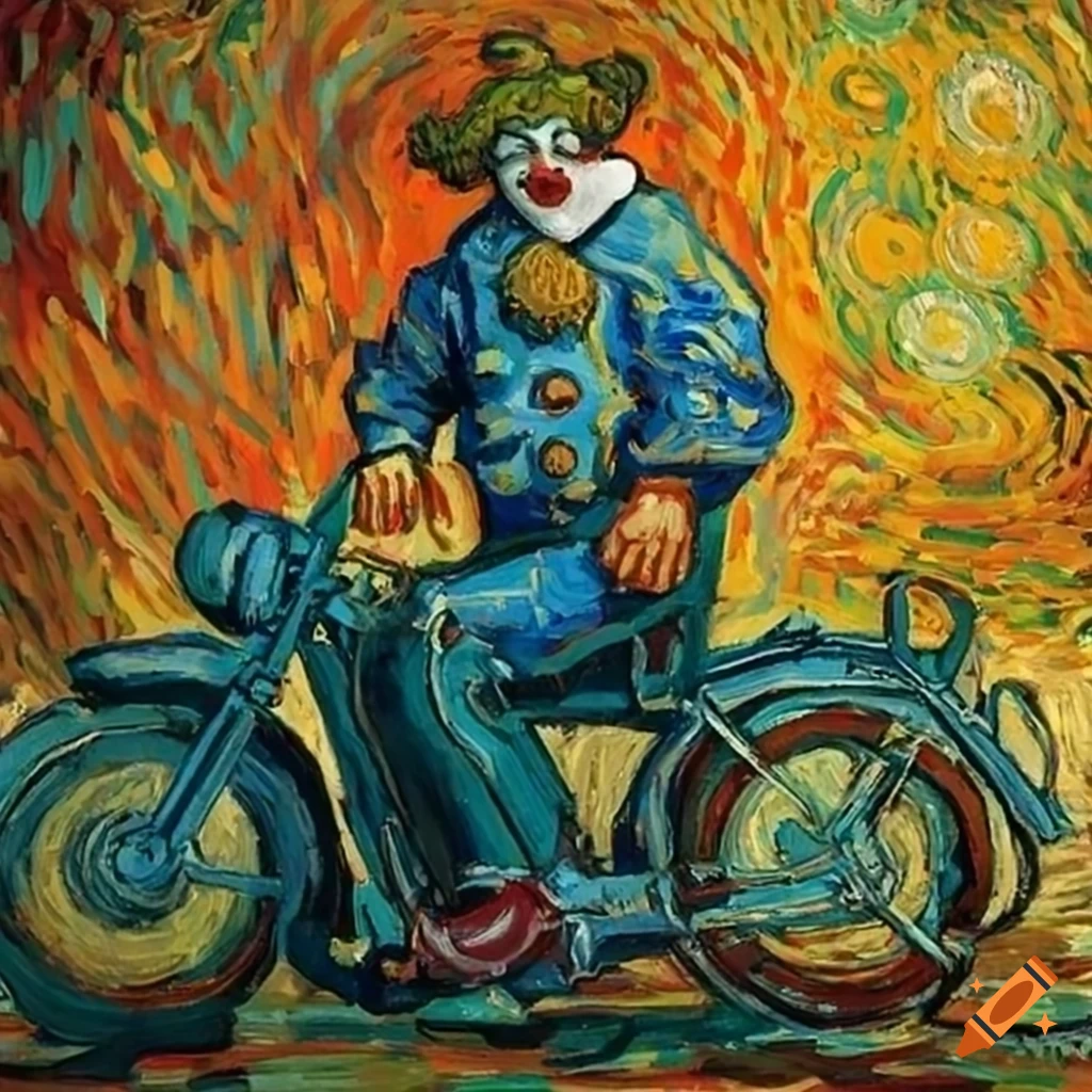 Van gogh painting of a clown on a motorcycle