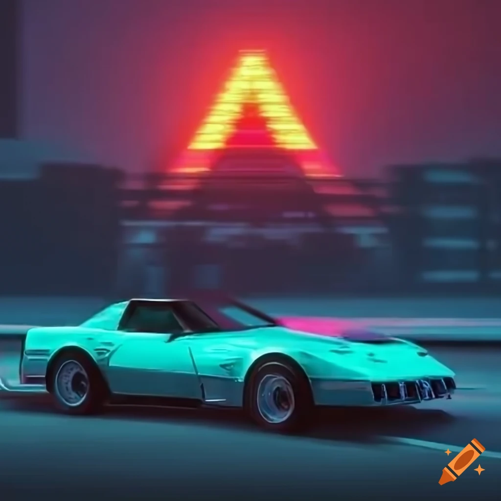 Retrowave style scene with a 1980's corvette on a desolate road on Craiyon