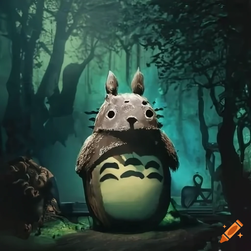 Geralt of rivia battling a large totoro in the forest on Craiyon