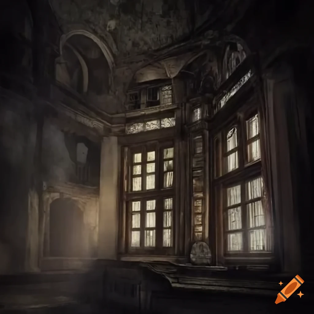 Illustration of a spooky mansion with shattered windows on Craiyon