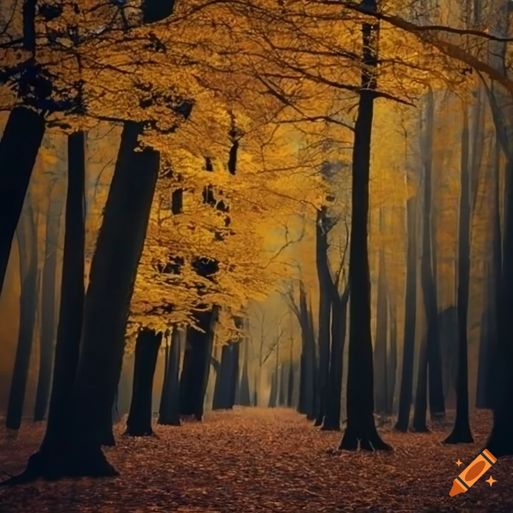 Autumn forest with dark sky on Craiyon