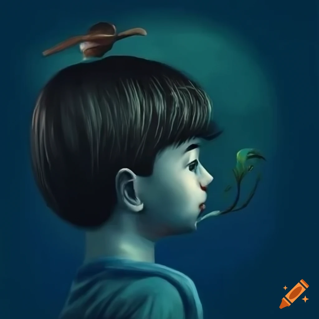 Surreal artwork depicting a sad young boy