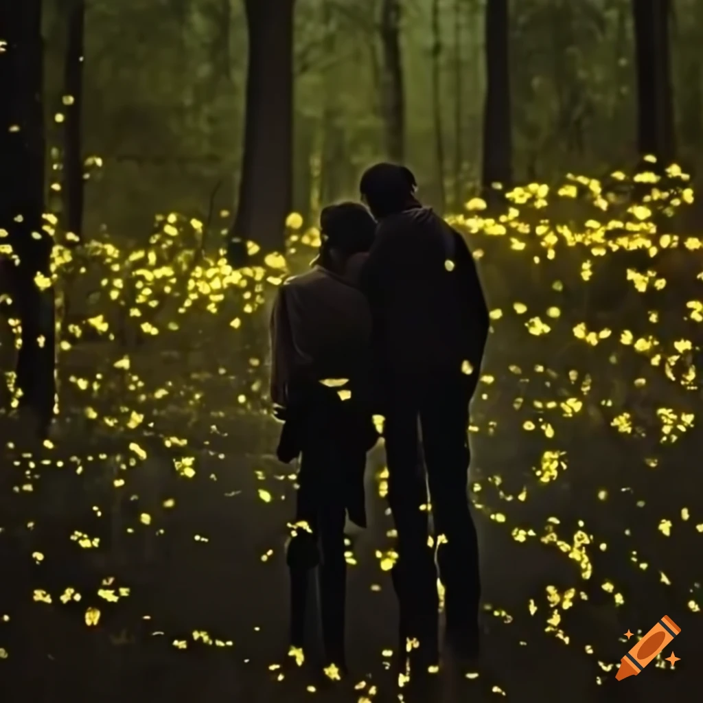 A joyful family in a forest clearing surrounded by fireflies on Craiyon