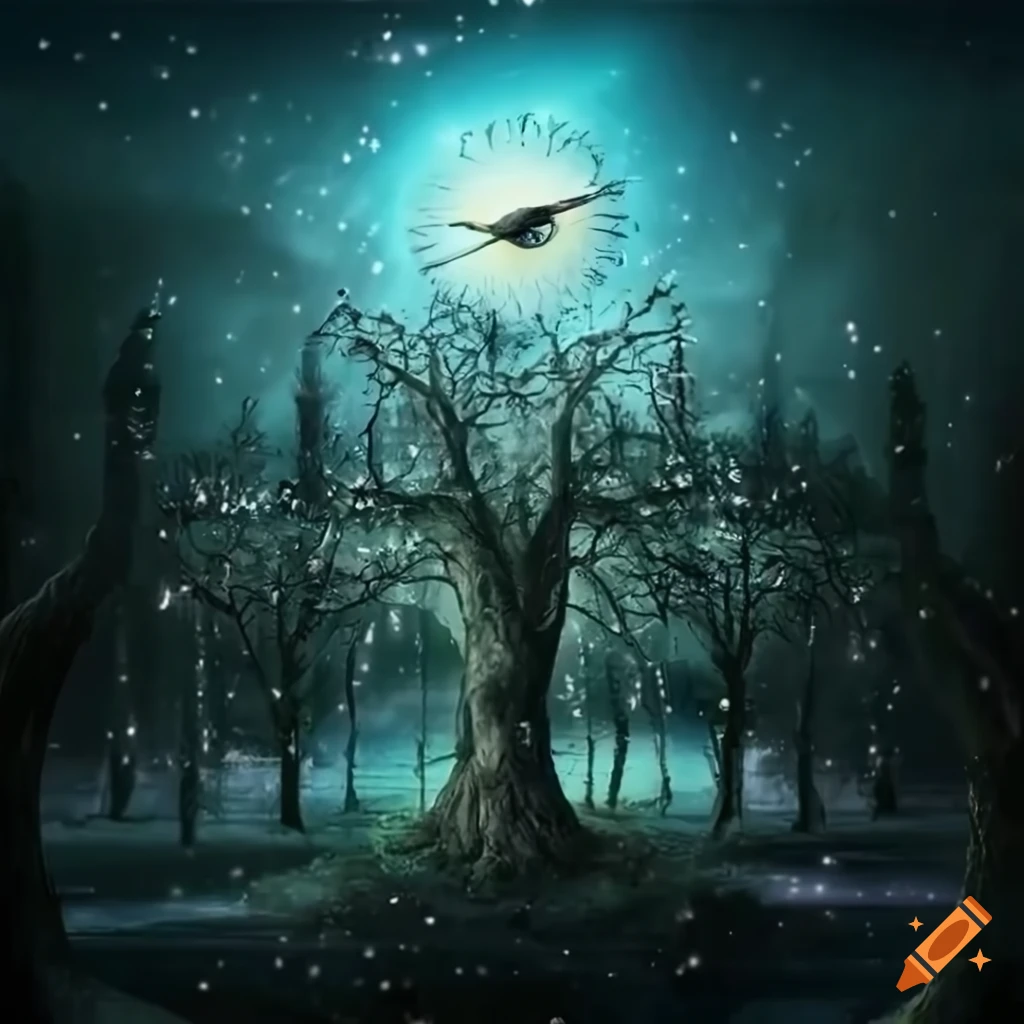 Surreal landscape with strange creatures, fantastical trees and cloudy sky on Craiyon