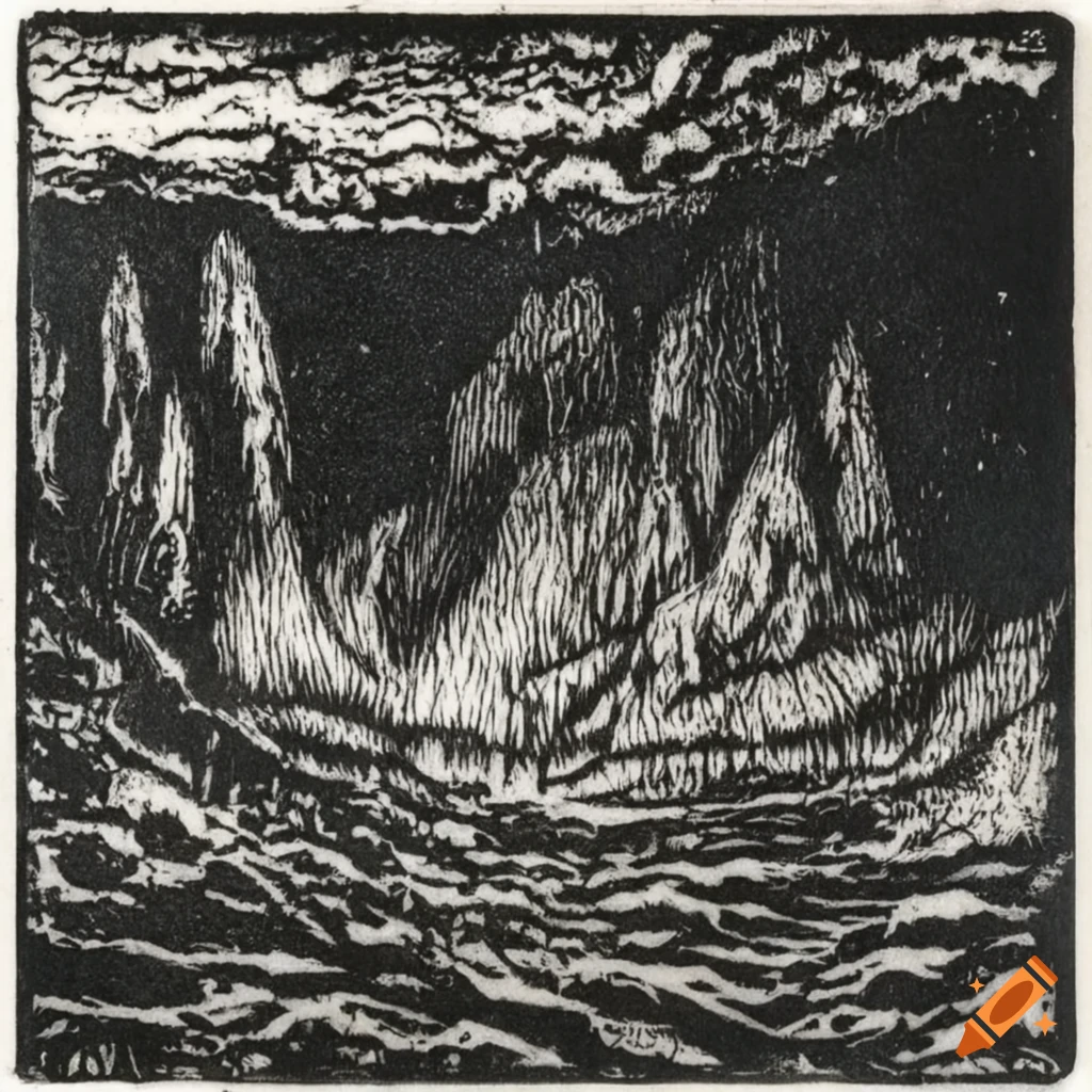 Bw acid etching of a primordial landscape on Craiyon