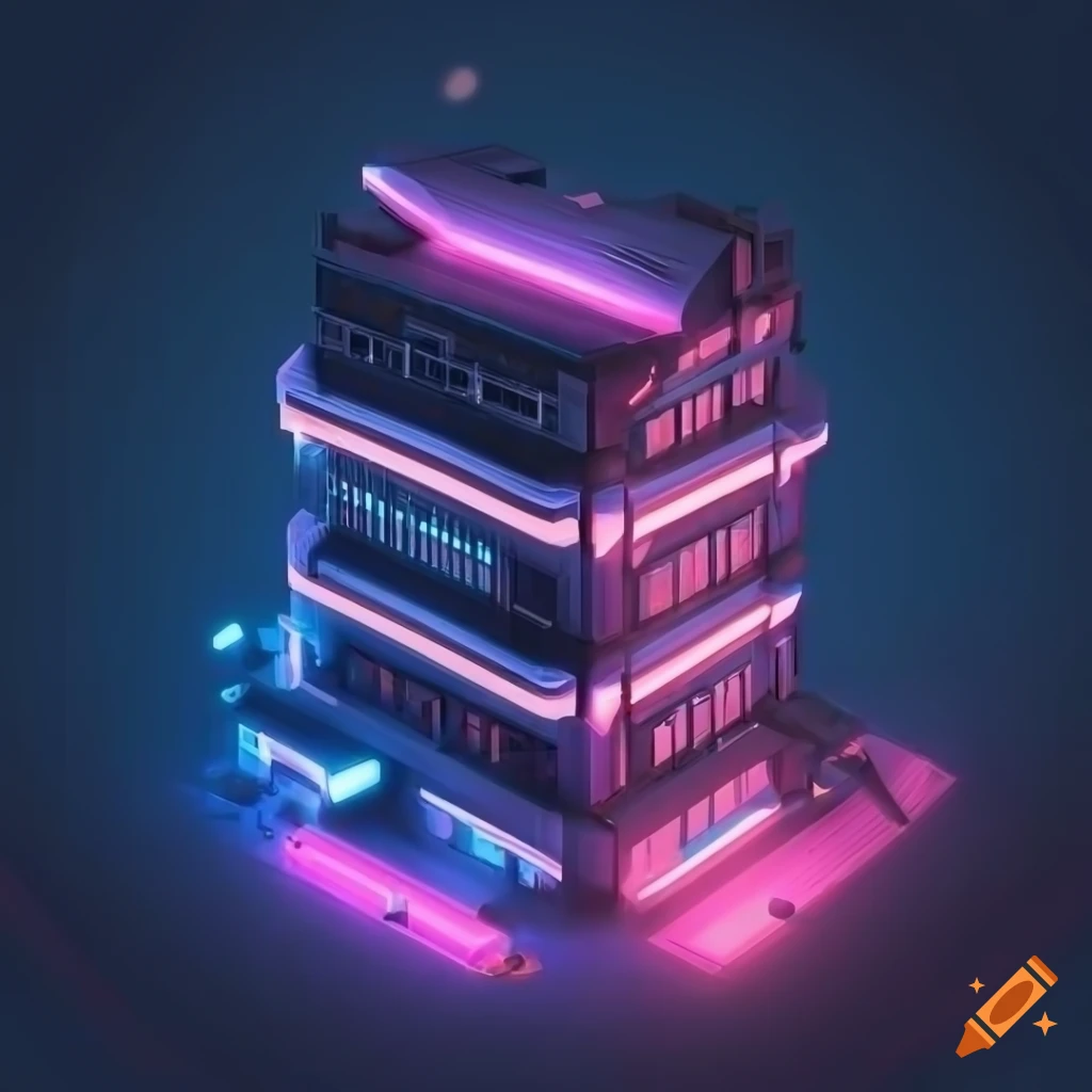 Photography of a futuristic isometric factory at night on Craiyon