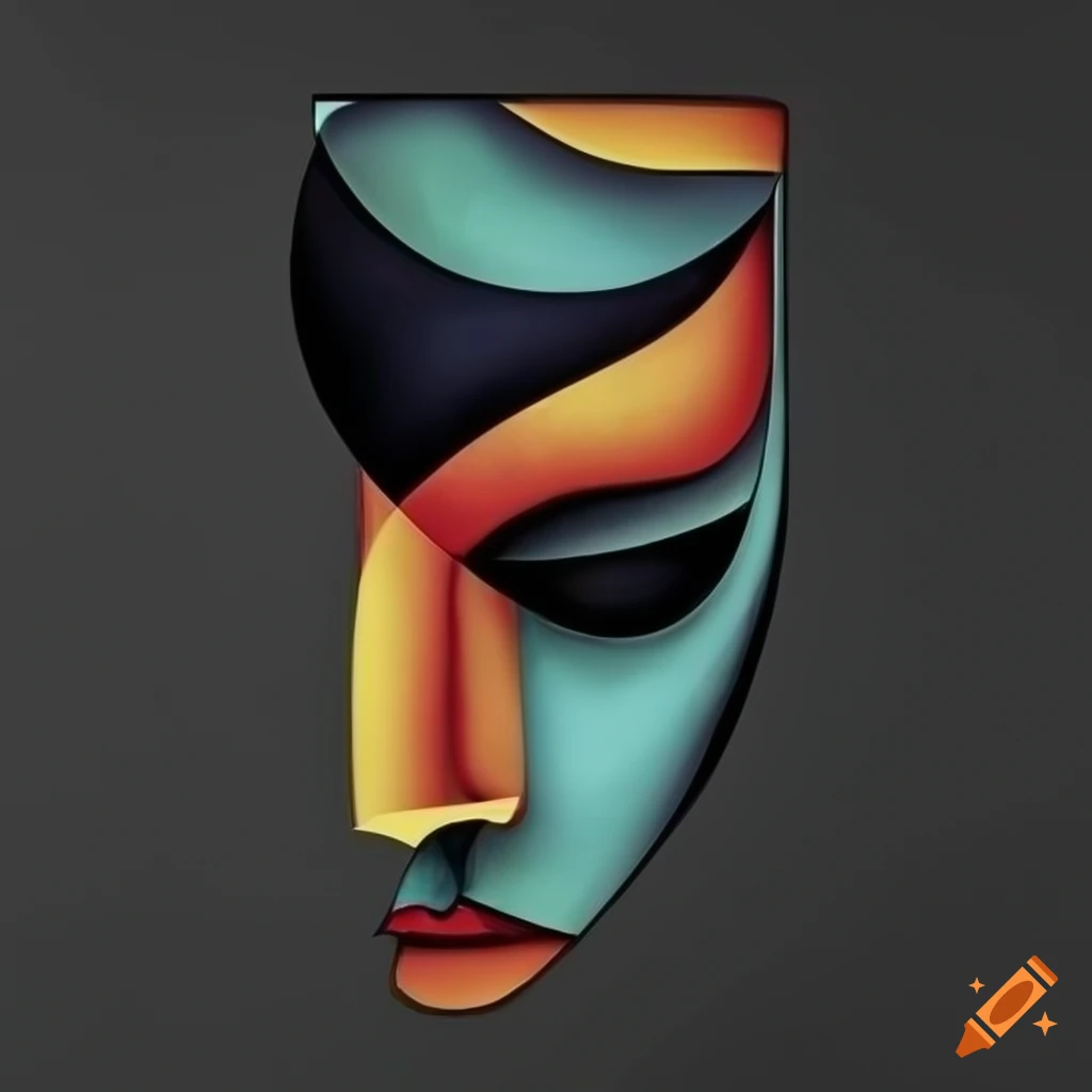 Surrealistic cubist design with colorful accents and fine black lines