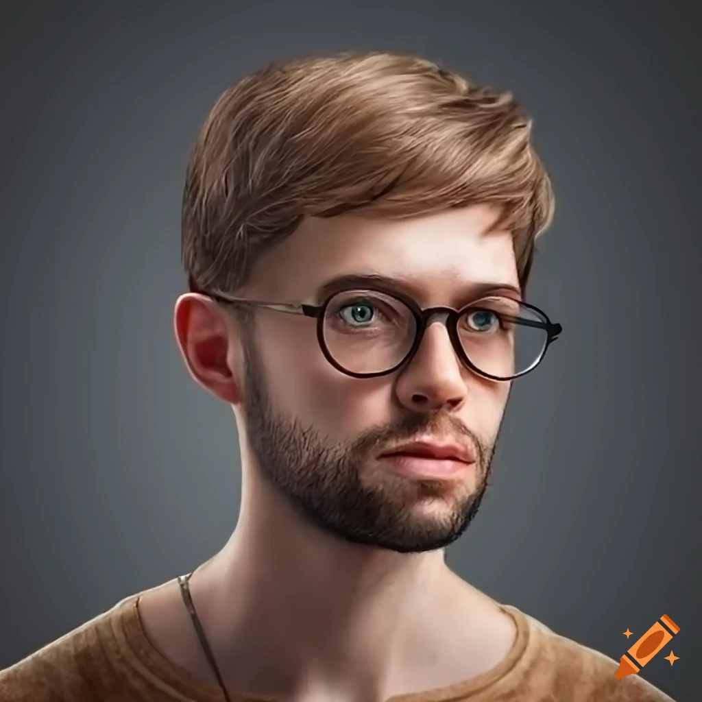 Portrait Of A Man With Short Wild Brown Hair And Round Wooden Glasses On Craiyon