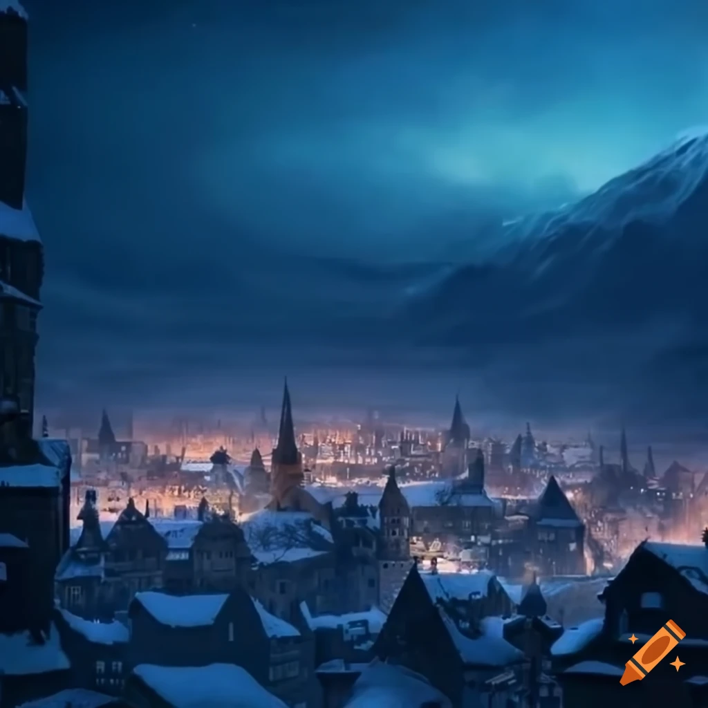 Medieval fantasy monastery in cold winter night with flickering torches ...