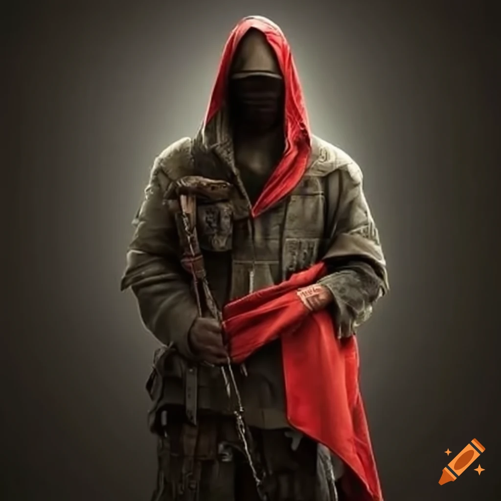 Man wearing canadian flag in a post-apocalyptic setting