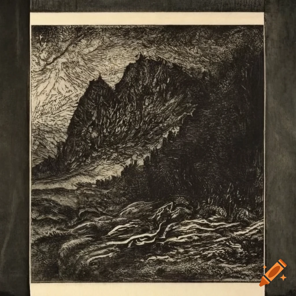 Acid etching black and white fantasy landscape on Craiyon