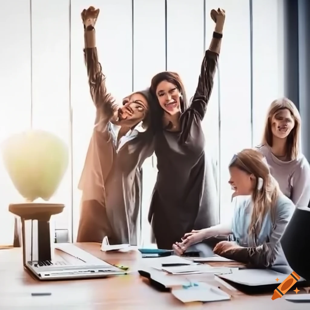 Happy work team in office working on a project on Craiyon