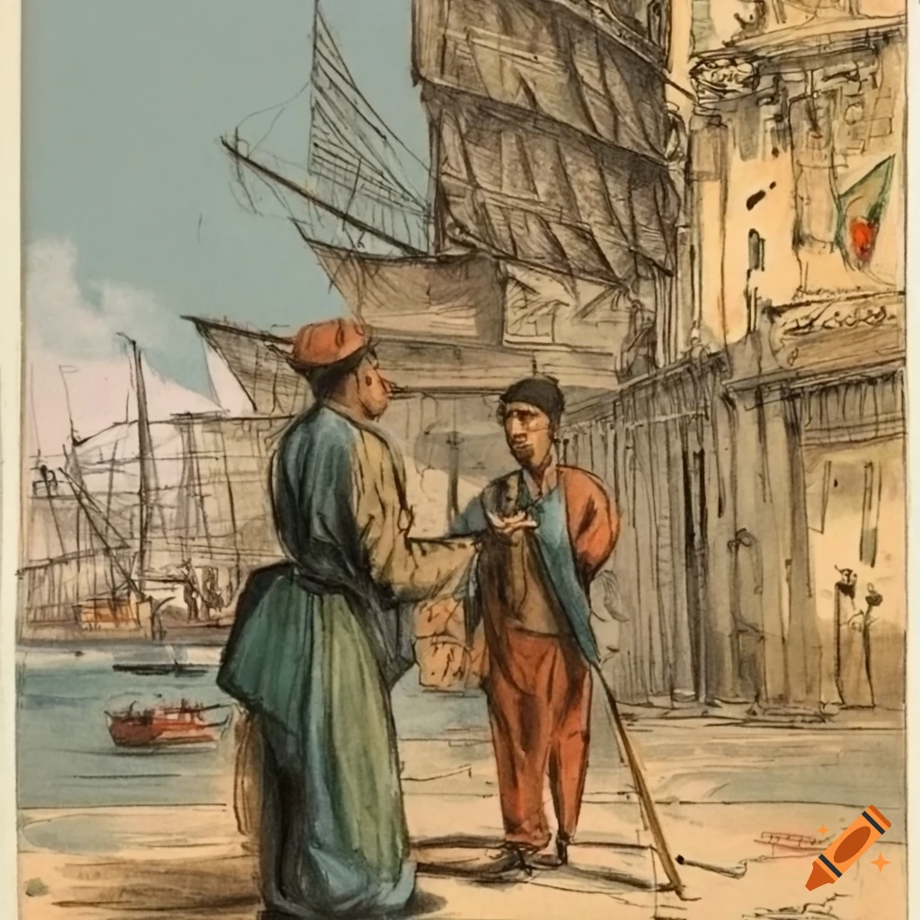 Vibrant 19th-century street scene in Manila with traders and ships on ...