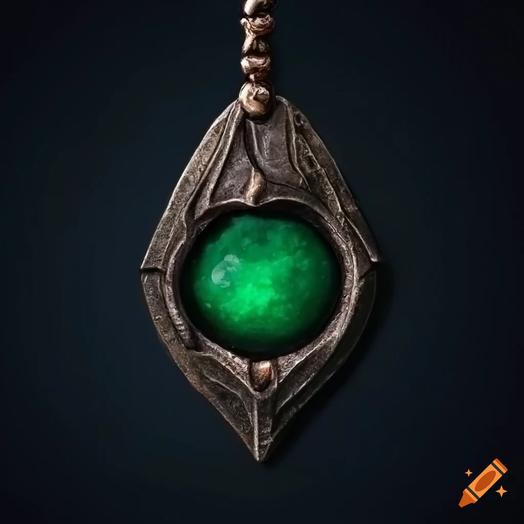 Green stone encircled steel amulet on dark background