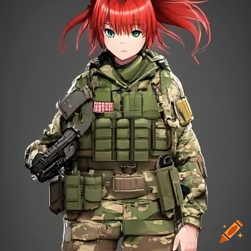 Anime character with red hair in military attire