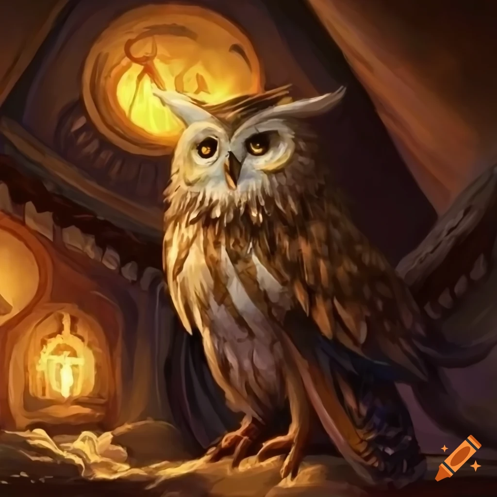 Illustration of a messenger owl in a wizard tower on Craiyon