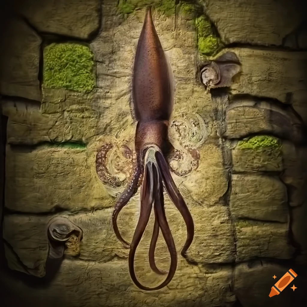 Close-up of fossilized squid on moss-covered papyrus wall on Craiyon