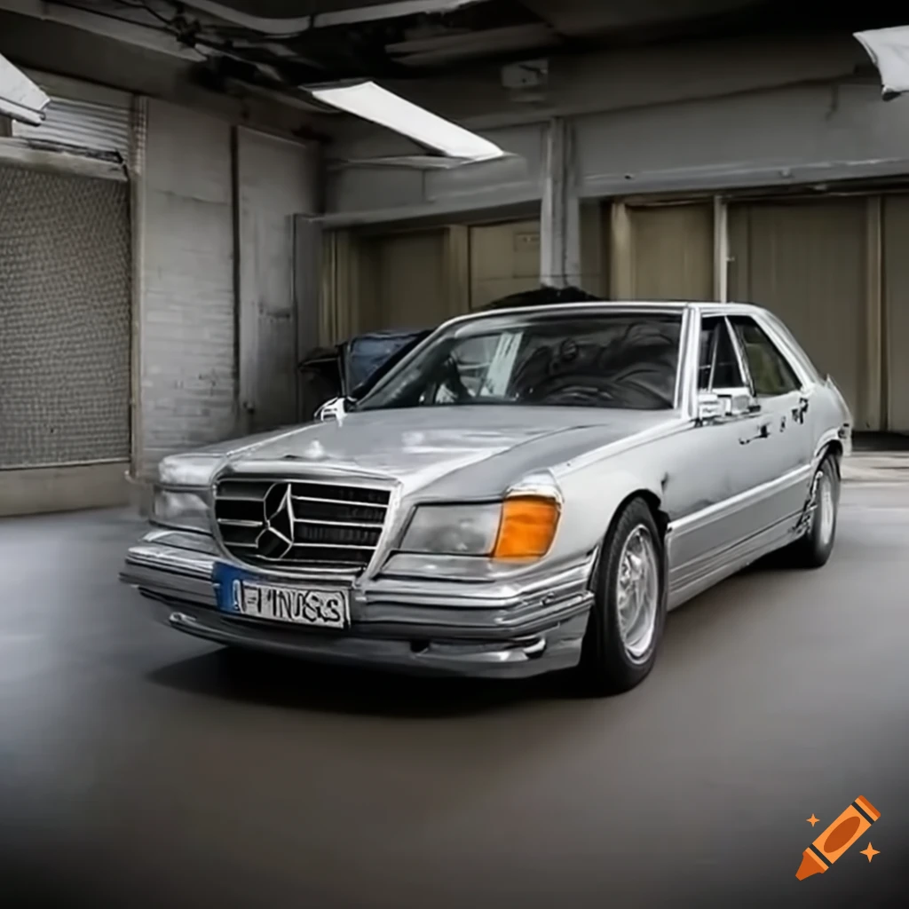 Vintage mercedes-benz w201 in an empty garage on Craiyon