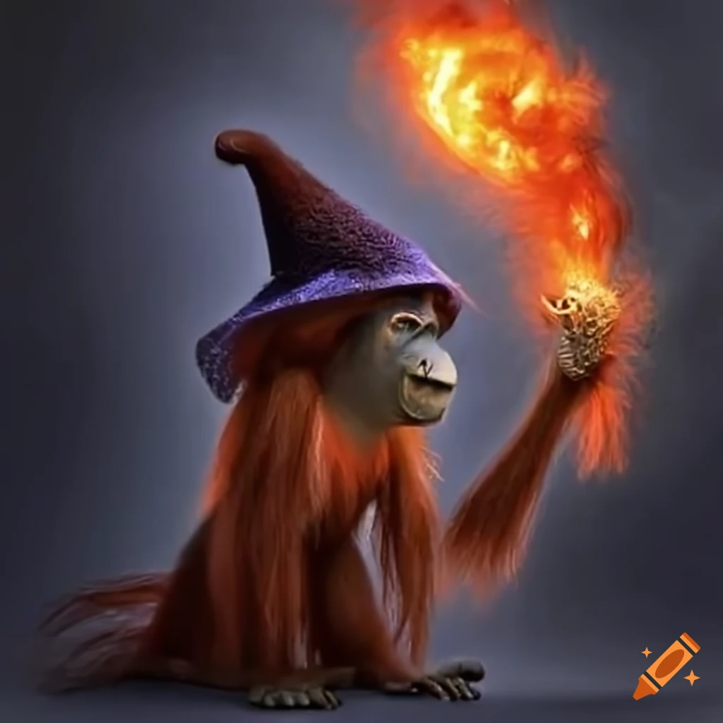 Image of an orangutan wizard casting a fireball spell on Craiyon