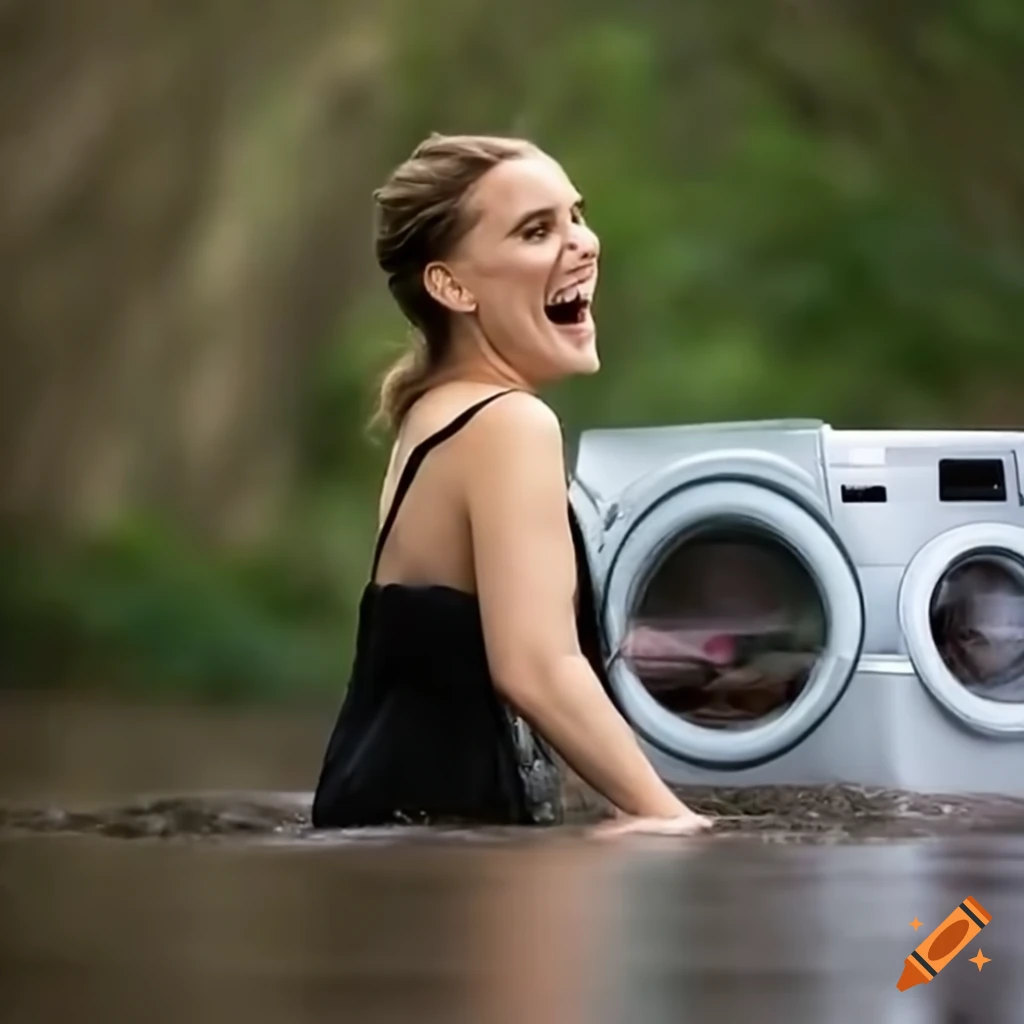 Natalie portman laughing in a river next to a washing machine