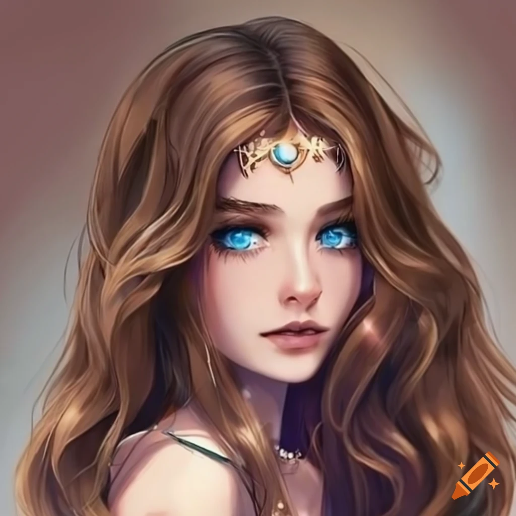 Portrait of a queen with long wavy brown hair and blue eyes