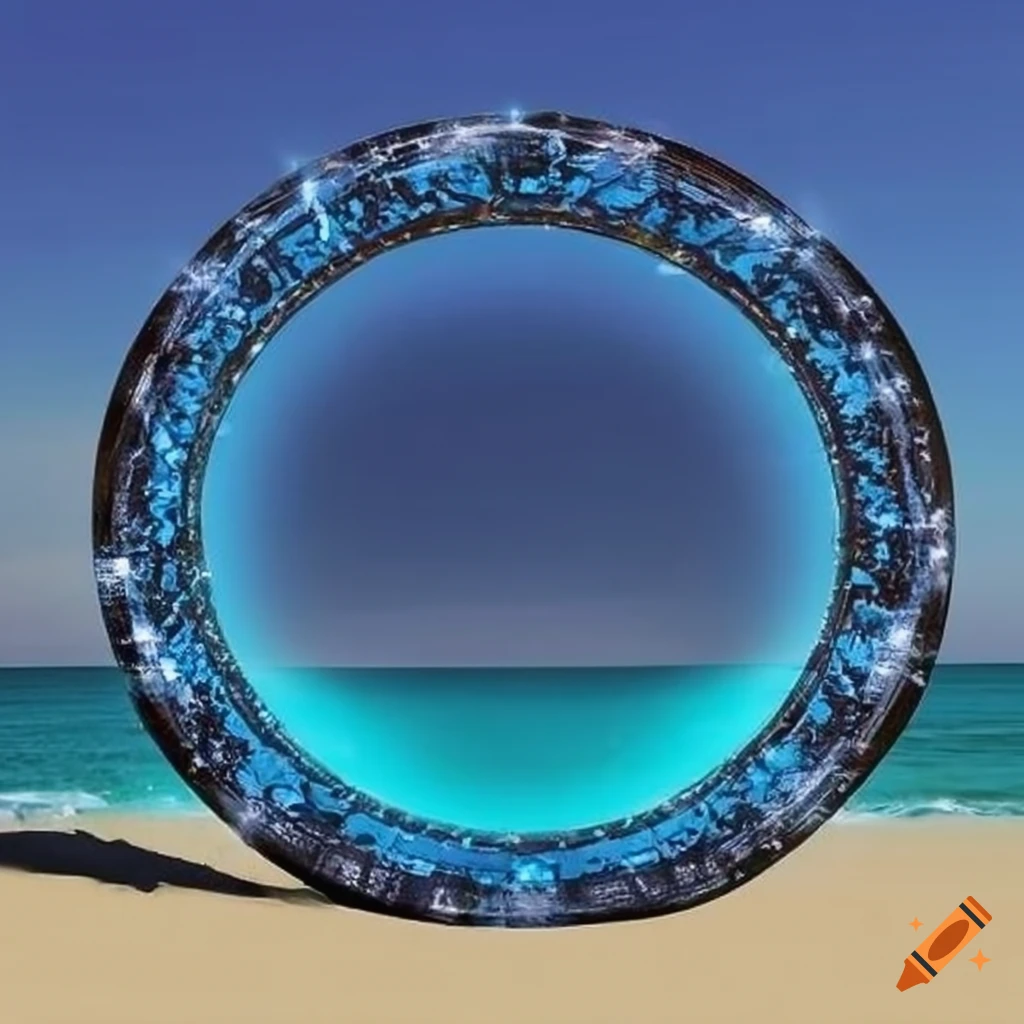Sunny beach with a large blue stargate on Craiyon