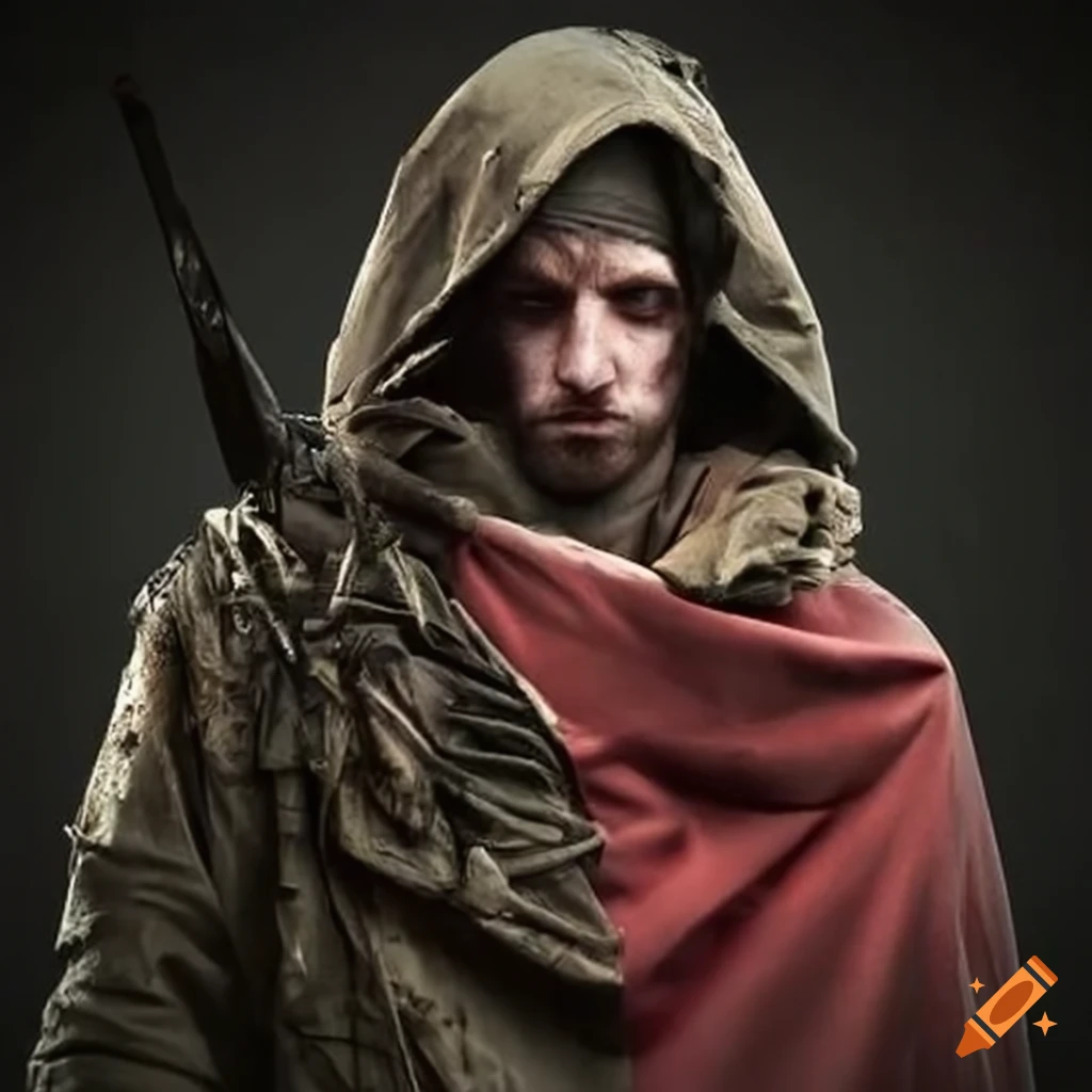 Man wearing canadian flag in a post-apocalyptic setting on Craiyon