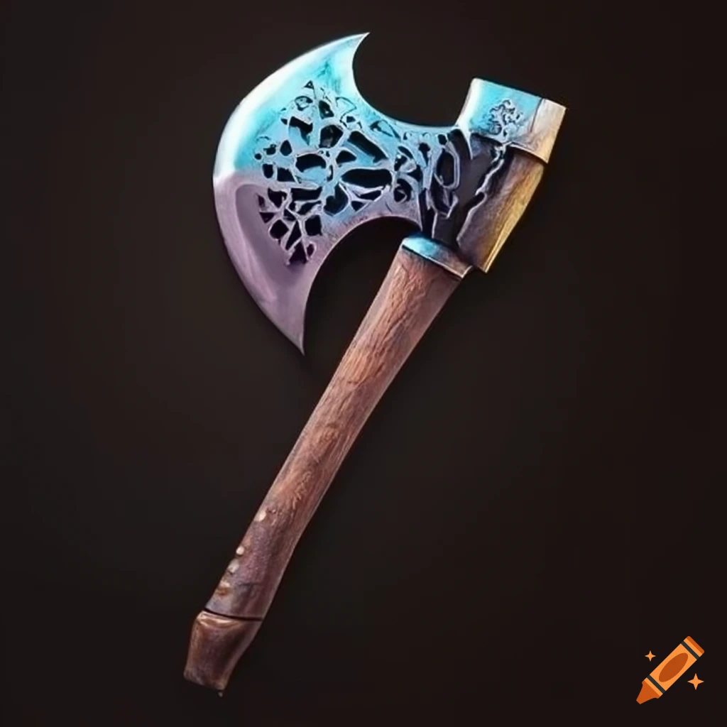 Axe with stone head and wooden handle bound together with rope on Craiyon