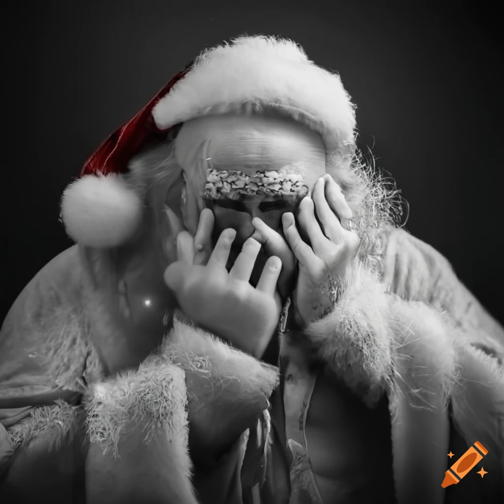 Black and white image of a tired santa claus on Craiyon