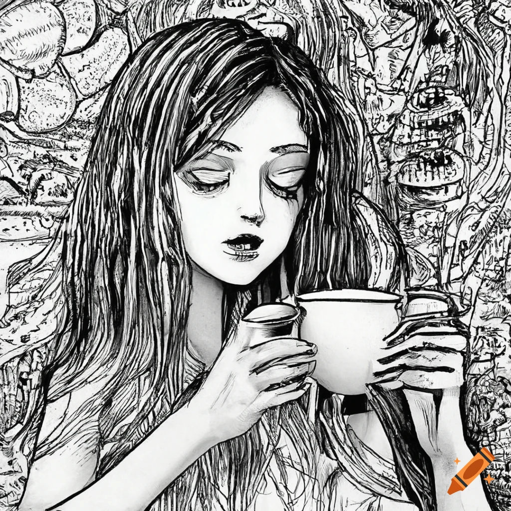 Illustration of a young lady with a turtle and coffee on Craiyon