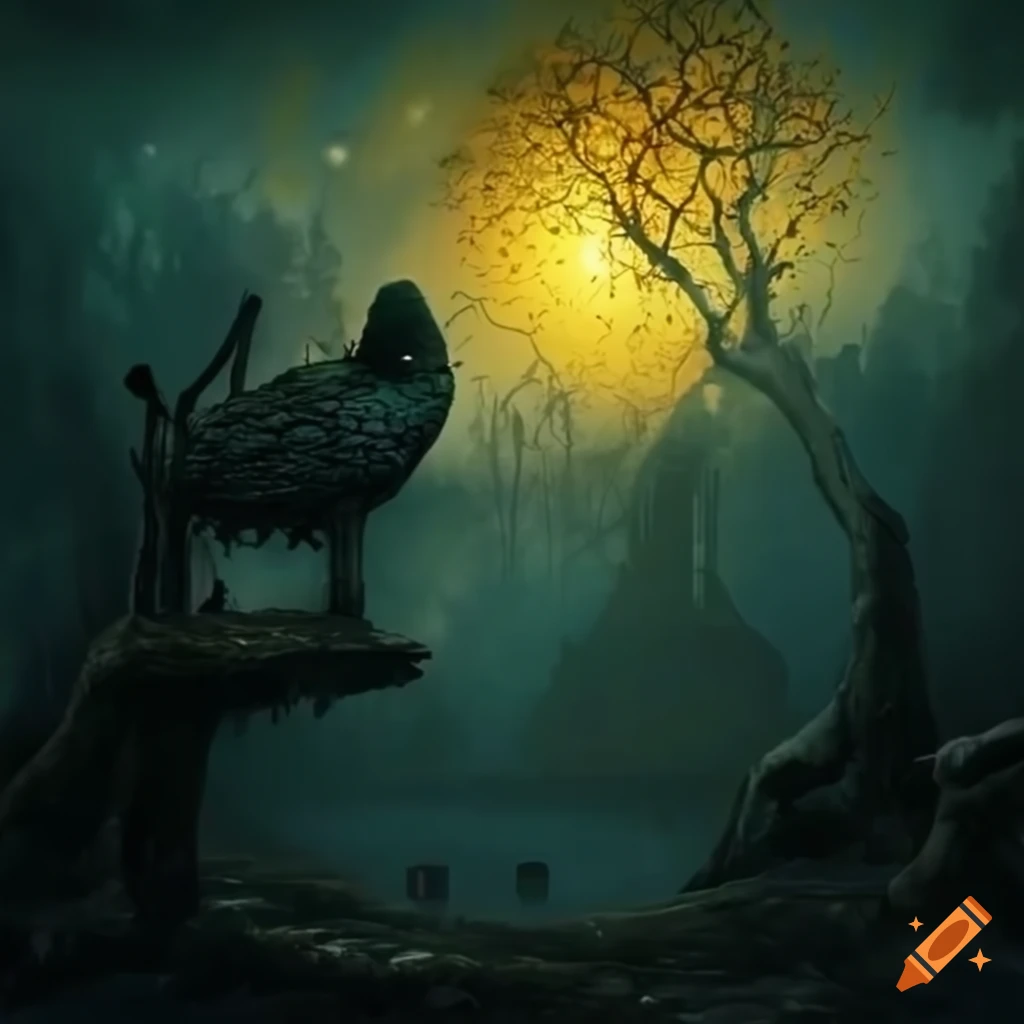 Surreal tim burton-esque landscape on Craiyon