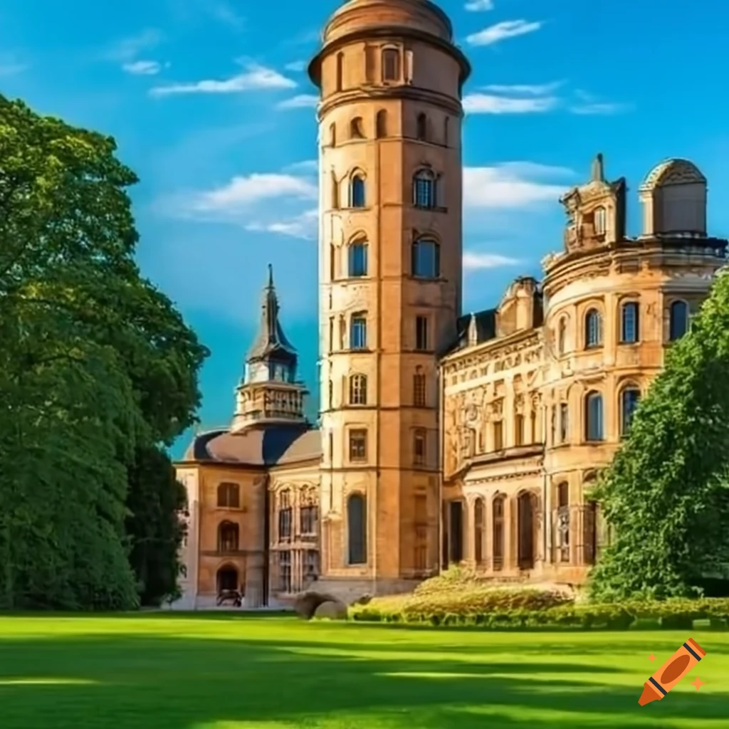 Palace with a garden and round tower