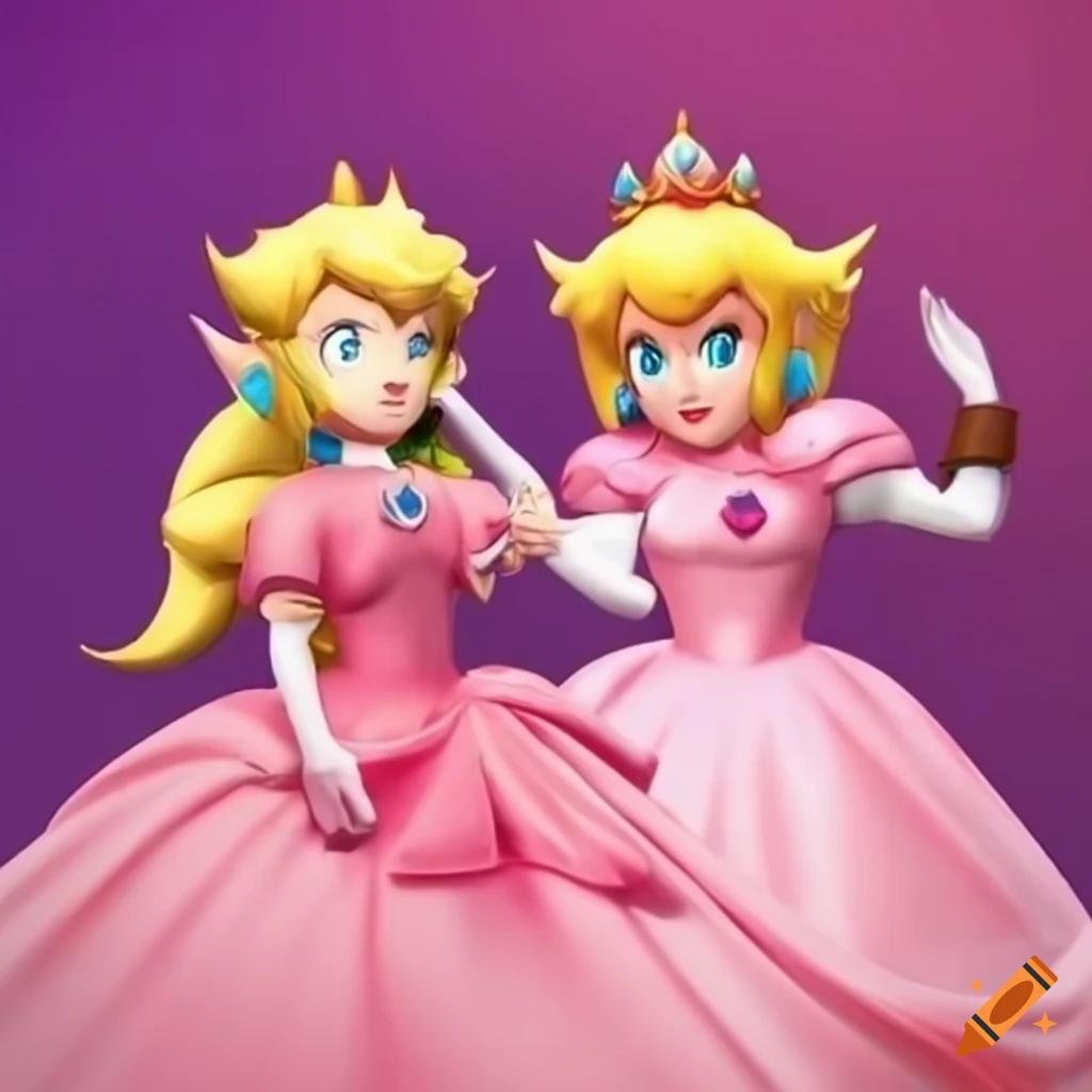 Princess peach and link in pink silk ballgowns posing together on Craiyon