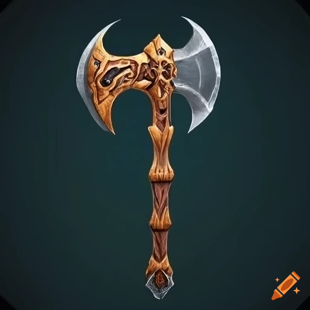 Green glowing hand axe with basilisk fang accents on Craiyon