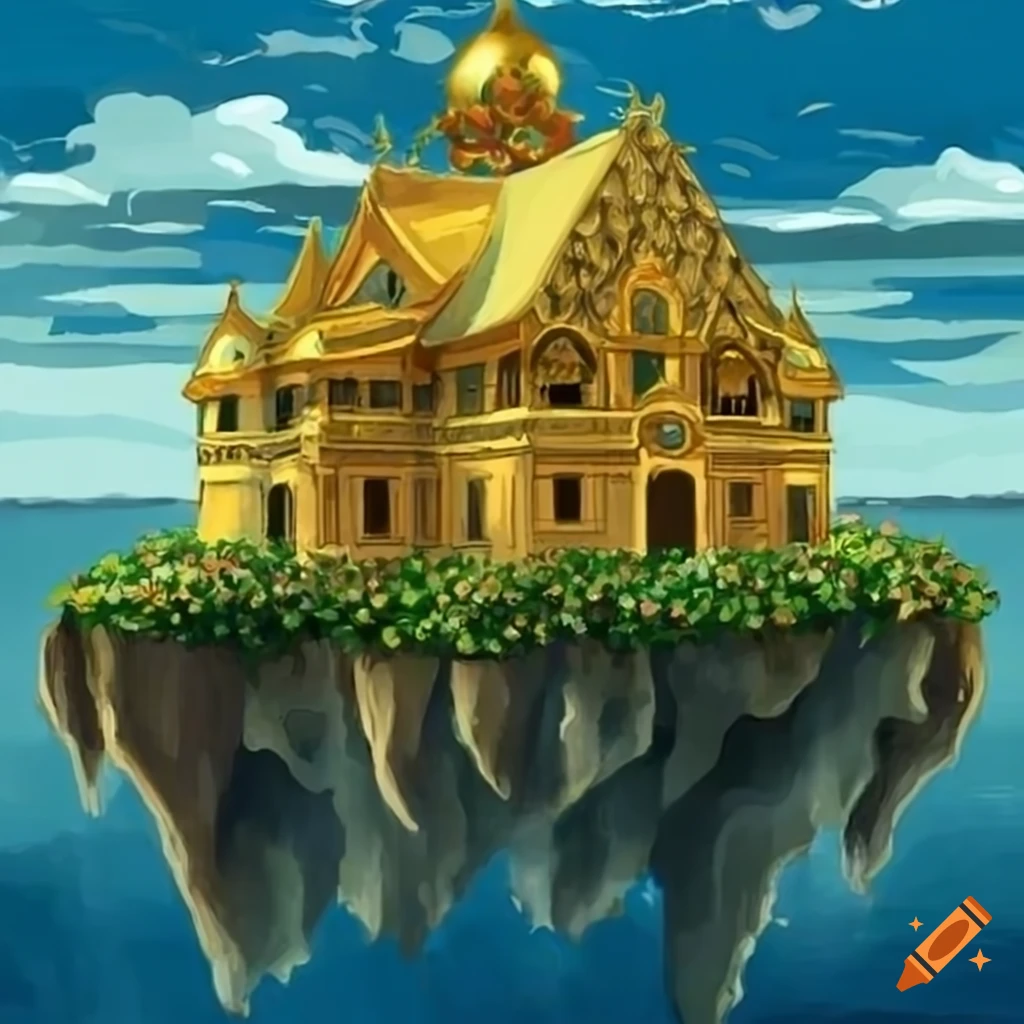 Mythical drawing of a floating golden house on an island on Craiyon