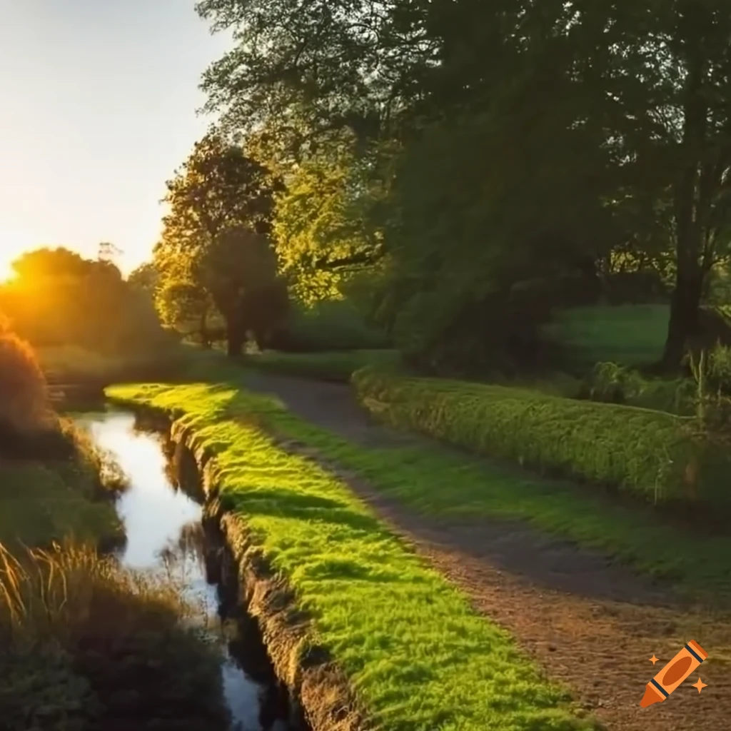 Knighton park gardens in leicester, england with a stream at sunset on ...