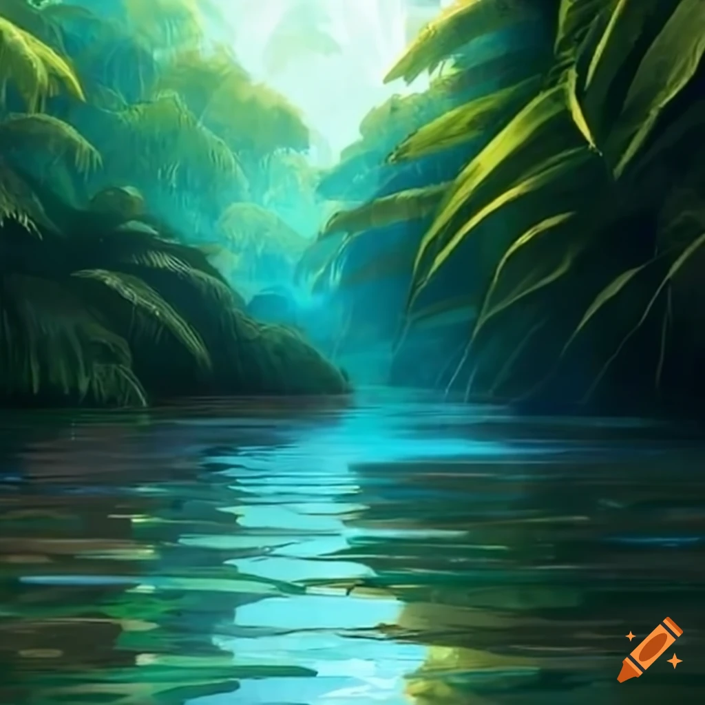 Cargo boat navigating through a jungle river on Craiyon