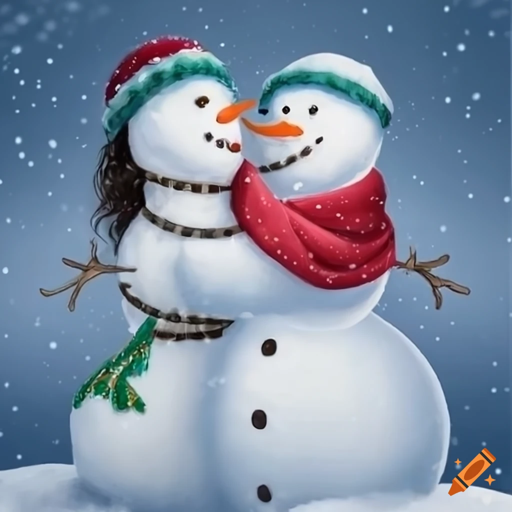 Romantic snowman and snowwoman kissing in the snow on Craiyon