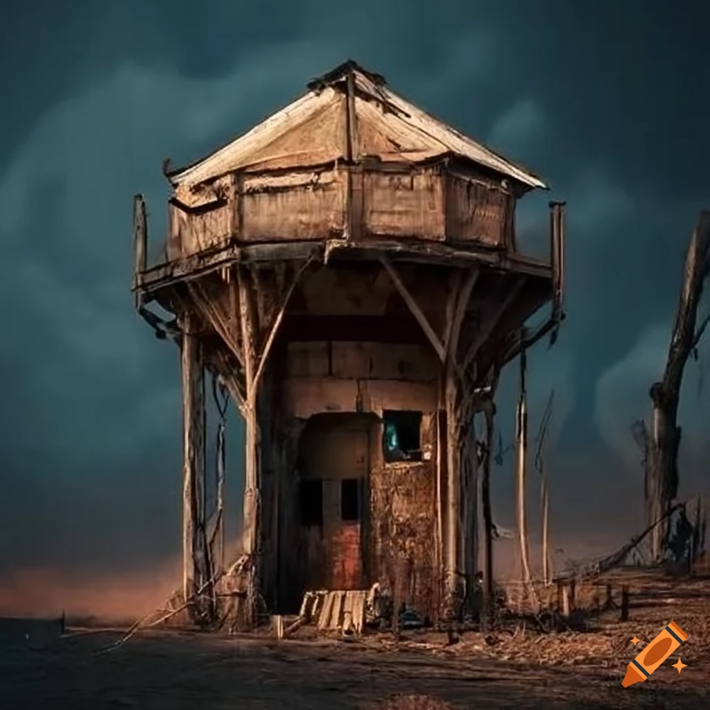 Image of a post-apocalyptic shack with a water tower on Craiyon