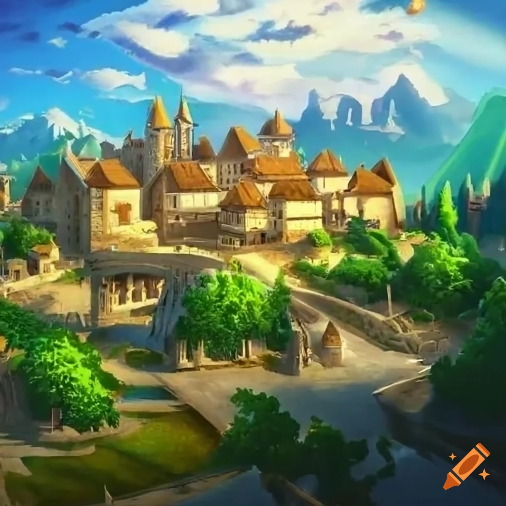 Realistic depiction of a medieval fantasy town on Craiyon