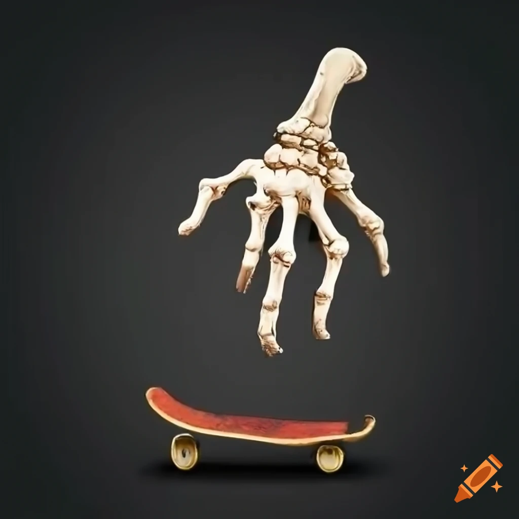 Edgy skateboard with a skeleton hand pointing down on Craiyon