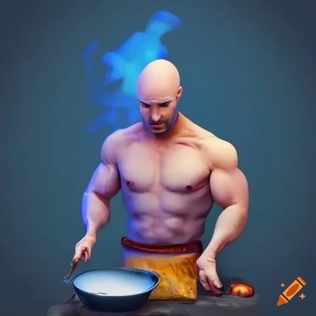 Buff man cooking on blue fire on Craiyon