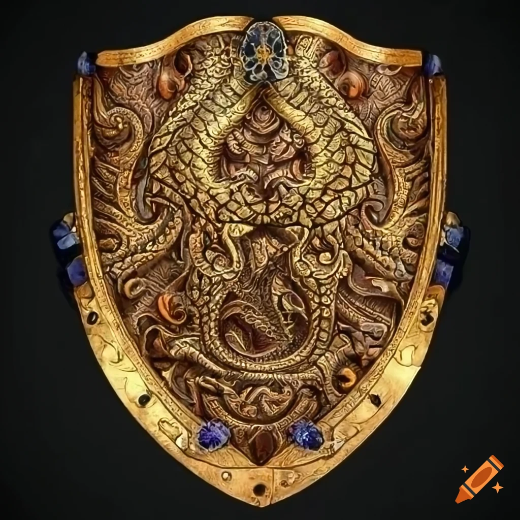 Detailed obsidian heater shield with golden dragon design on Craiyon