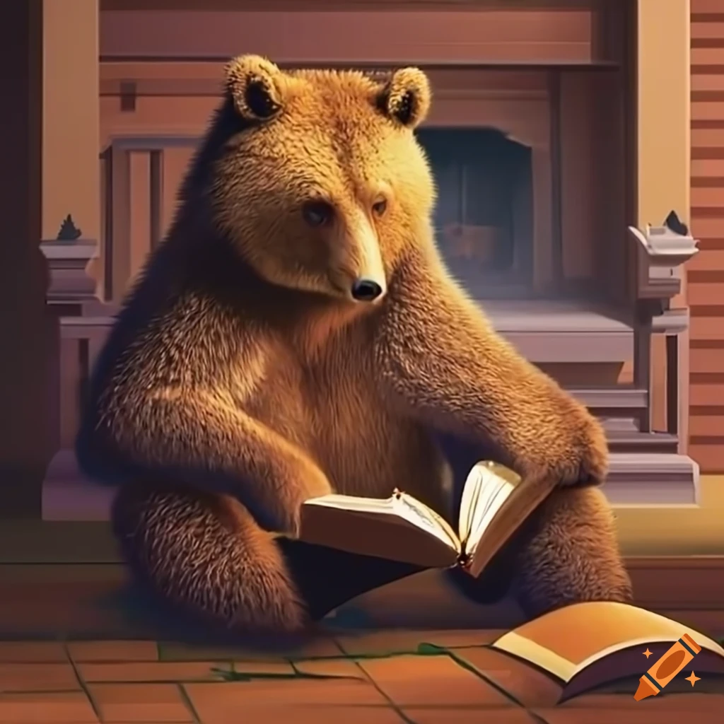 Bear and fox reading by the fireplace