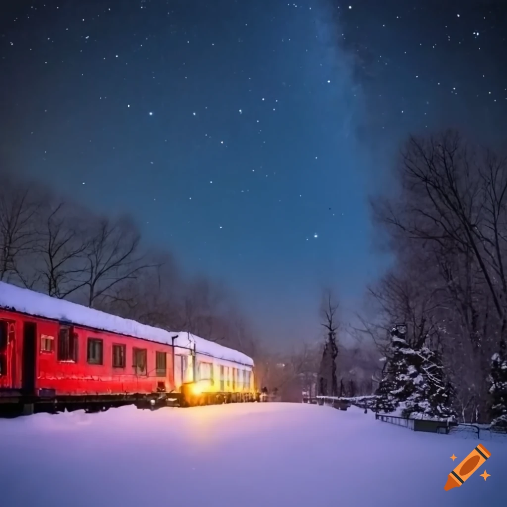 Snowy Pennsylvania pretzel factory with colored lights and steam train ...
