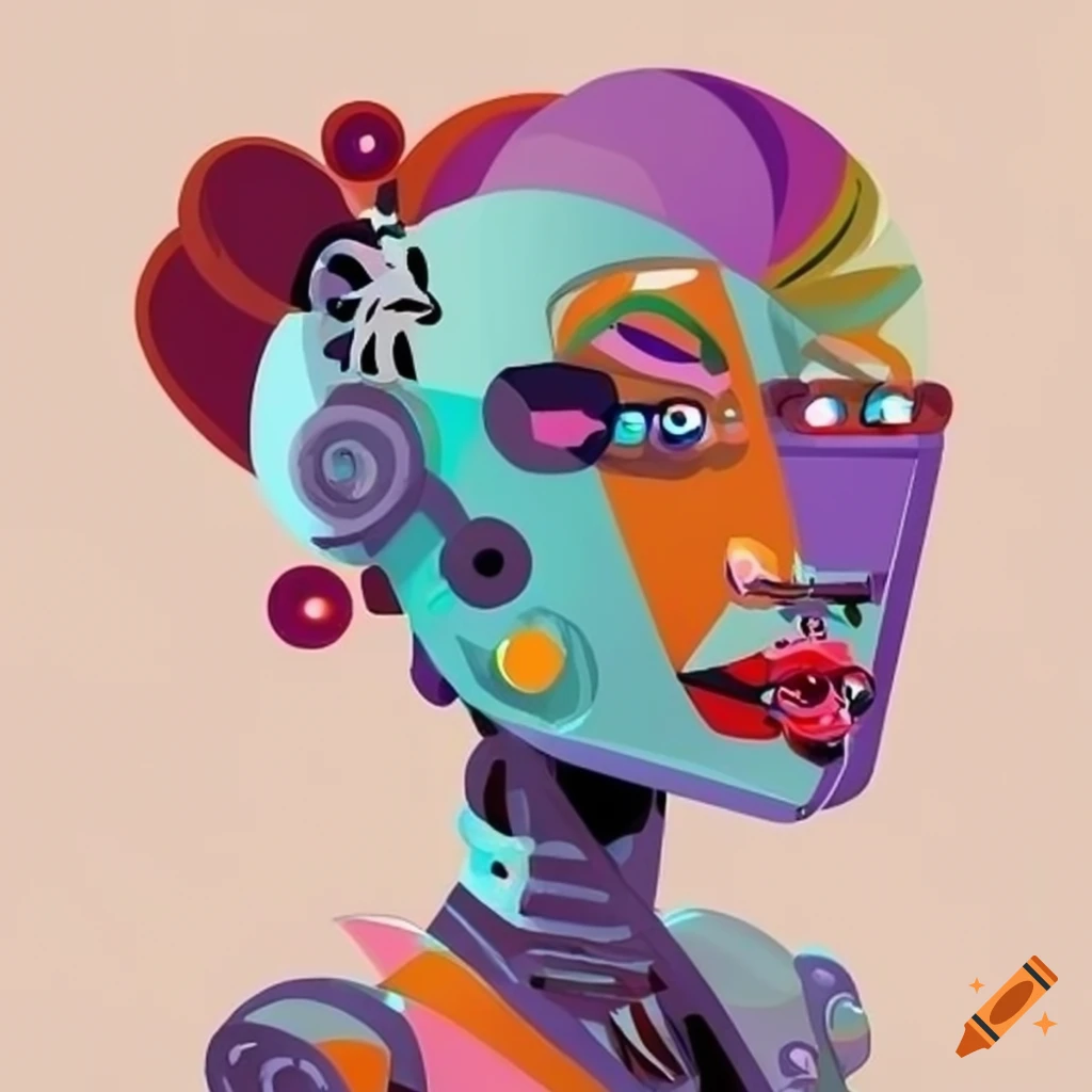 Cartoonish female robot with sword in picasso style on Craiyon